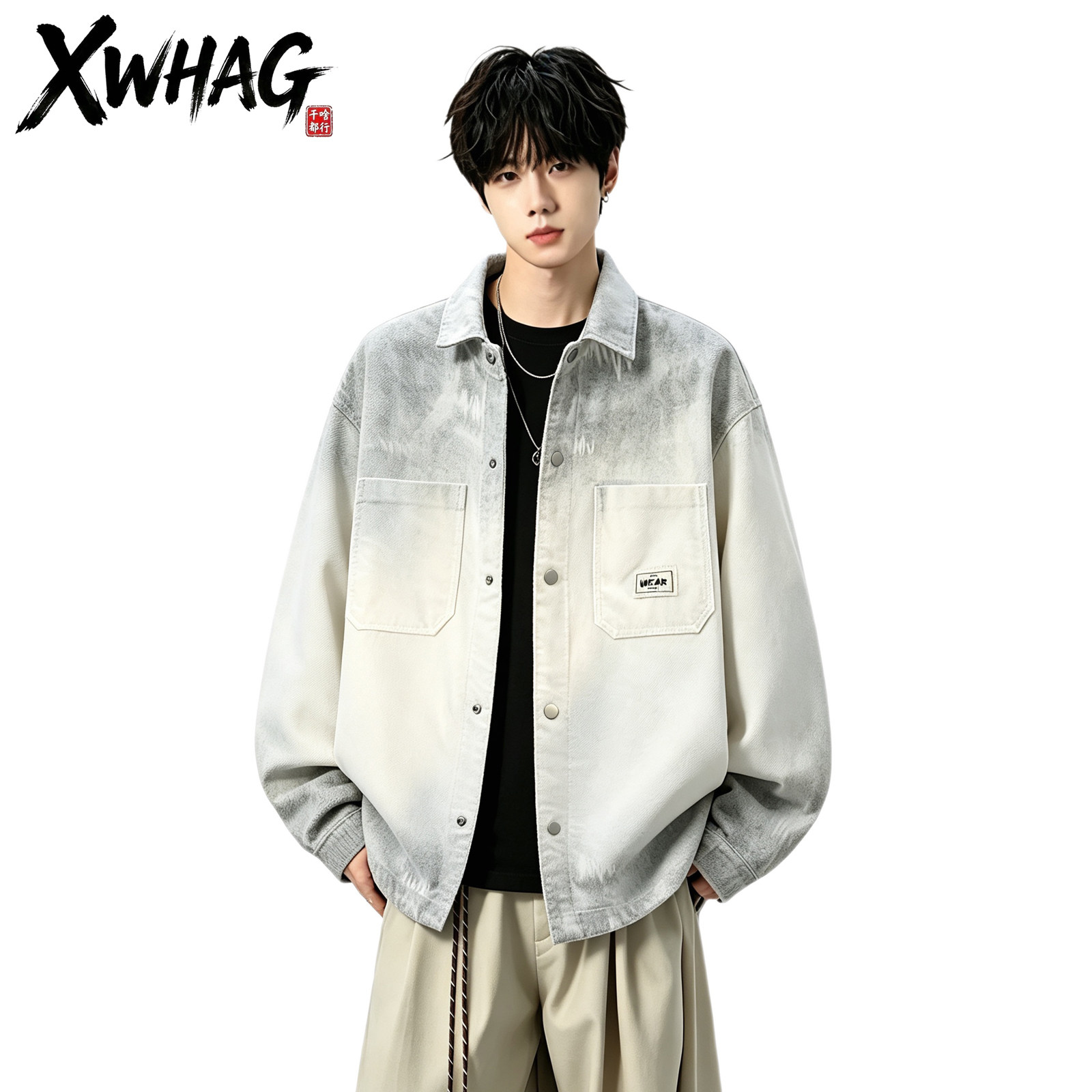 XWHAG 秋冬休闲风翻领长袖衬衫男女宽松水墨印花口袋开衫潮流外套