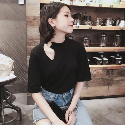 黑色短袖上衣女设计感挂脖超好看