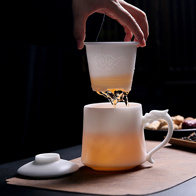 冰种玉瓷陶瓷茶杯个人专用办公室马克杯带盖德化白瓷水杯家用杯子