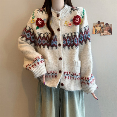 复古费尔岛花朵毛衣开衫女秋冬
