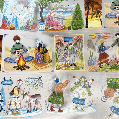 手帐分装胶带冰屿暖沙欣甜工作室海边游泳PET素材账流麻贴纸咕卡