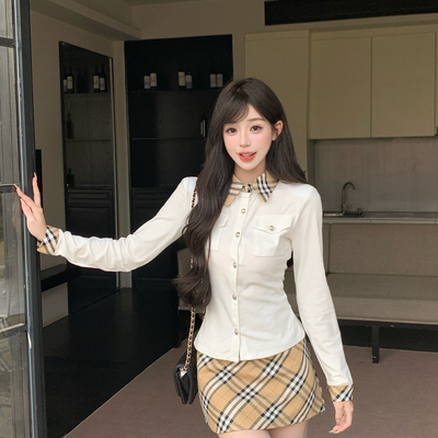 MEI ZI 美姿-敦学院风减龄格子拼接上衣小衫+格子百褶裙套装9613