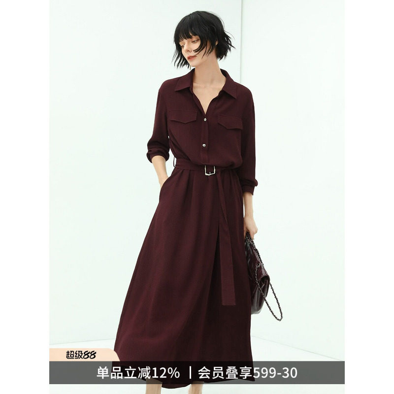 COCOBELLA[安哥拉红]气质法式连衣裙女肌理褶皱长袖衬衫裙FR106