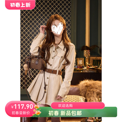 气质polo领长袖衬衫连衣裙女秋季收腰百褶裙子设计感显瘦a字短裙