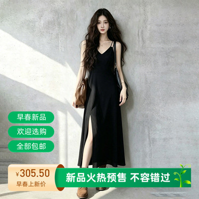 法式黑色吊带开叉连衣裙女夏季2026新款透气绝美不撞款显瘦长裙子