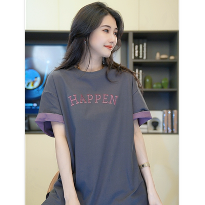 小乖逃休闲时尚深灰色T恤 宽松慵懒字母T恤短袖上衣M8371