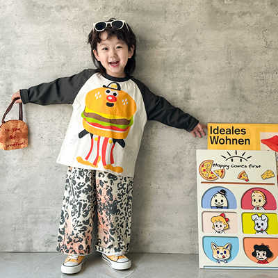 娇气妈儿童长袖T恤2024秋新款男女童卡通汉堡T宝宝日系潮牌打底衫