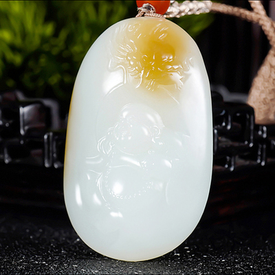新疆大师冯立辉作品 和田玉且末料糖羊脂白玉笑佛挂件27.75克