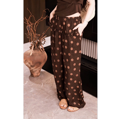 郭彦彤松紧腰阔腿印花显瘦长裤