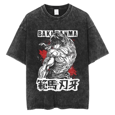 日系Baki Hanma范马刃牙复古水洗做旧纯棉印花T恤短袖男女上衣服