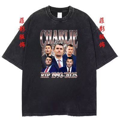Charlie Kirk复古做旧水洗黑短袖T恤男女美式潮牌印花日常上衣