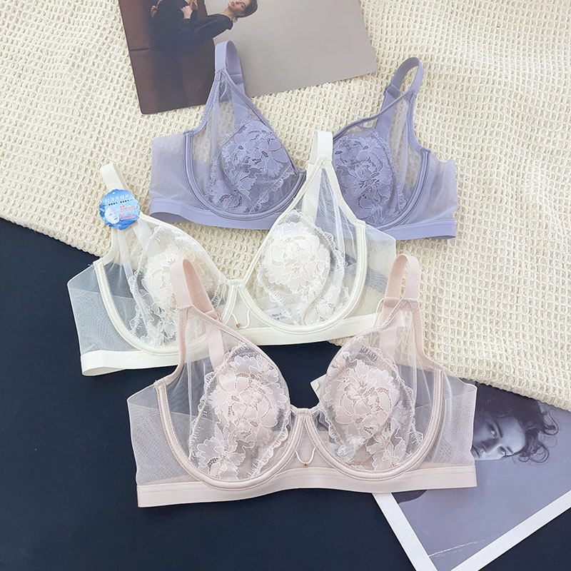 超薄性感蕾丝网纱刺绣内衣女法式纯欲大胸显小防下垂收副乳文胸罩