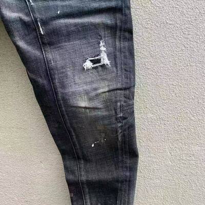 高品个性潮流新款牛仔长裤男D2修身小脚休闲黑灰色水洗立体拼接油