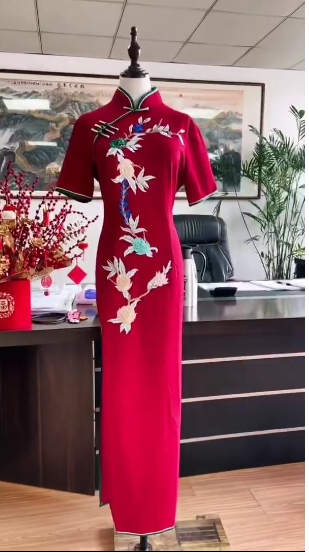 娴馨旗袍定做加工海丝学员同款弹力新中式短袖长款日常长款旗袍