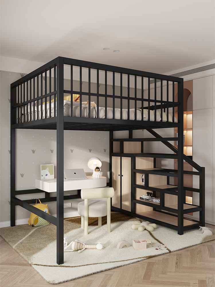 New arrival Iron Art Loft Bed Space-Saving Single Upper Bed Loft kids Upper Bed Lower Empty ...