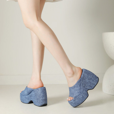 欧美夏季牛仔布小个子增高鞋高跟厚底坡跟拖鞋女蓝色大码凉拖YMA