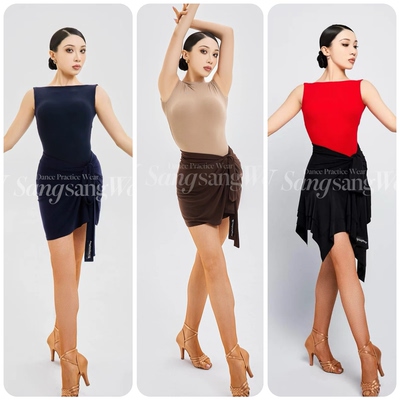 sswang舞服女士拉丁舞舒适细螺纹露背一字领百搭短裙围裙练习服