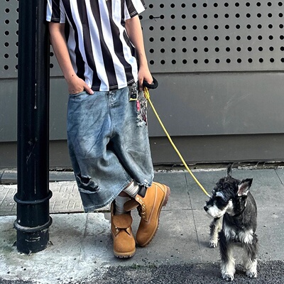 美式街头复古休闲直筒刀割七分裤