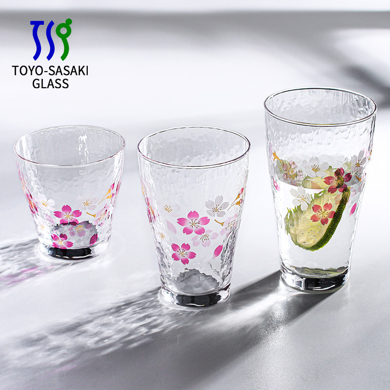 日本进口水晶玻璃锤纹杯日式樱花水杯耐热绿茶杯果汁牛奶杯