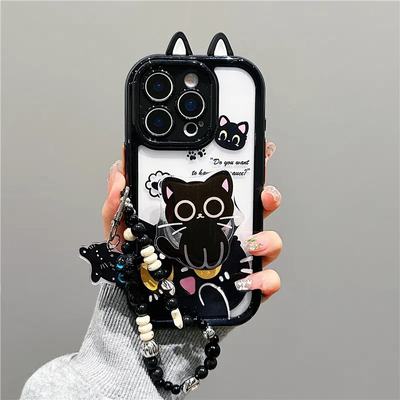 适用苹果17奶油萌系小黑猫手机壳