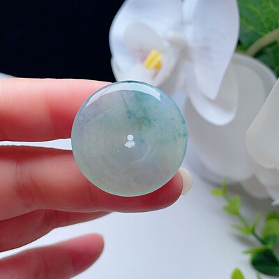 天然翡翠冰种平安扣甜水油绿飘花