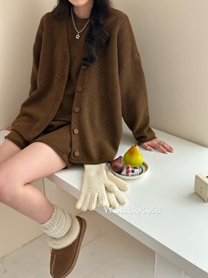 慵懒风宽松显瘦高腰短裤百搭圆领套头短袖针织衫毛衣外套女三件套