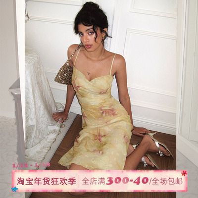 ITSNIKAR 法式印花吊带连衣裙女夏性感显瘦包臀裙收褶设计长裙子