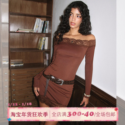 ITSNIKAR 蕾丝拼接露肩长袖连衣裙女秋斜肩性感包臀裙针织短裙子