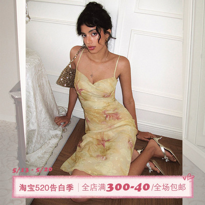 ITSNIKAR 法式印花吊带连衣裙女夏性感显瘦包臀裙收褶设计长裙子