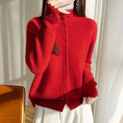 羊毛衫女半高领开衫加厚针织衫宽松镂空花边打底衫显瘦气质毛衣