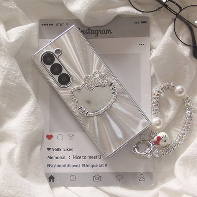 ins韩系极光镭射补妆镜子KT猫适用三星ZFOLD7手机壳fold5折叠屏FOLD6手链fold4外壳W22/W23/W24保护套女款