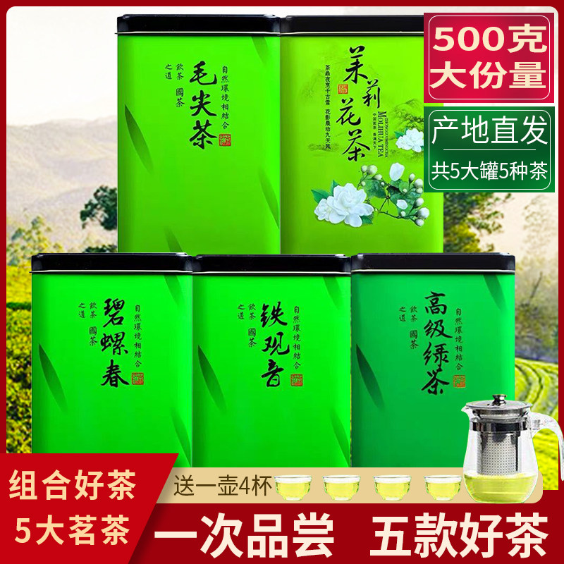 5大茗茶组合5罐装共500g碧螺春云雾绿茶毛尖茶茉莉花茶铁观音茶叶