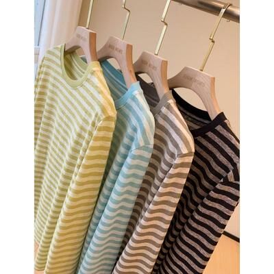 苣显白~26春夏新品宽松韩版范撞色条纹设计感T恤女打底衫空调衫
