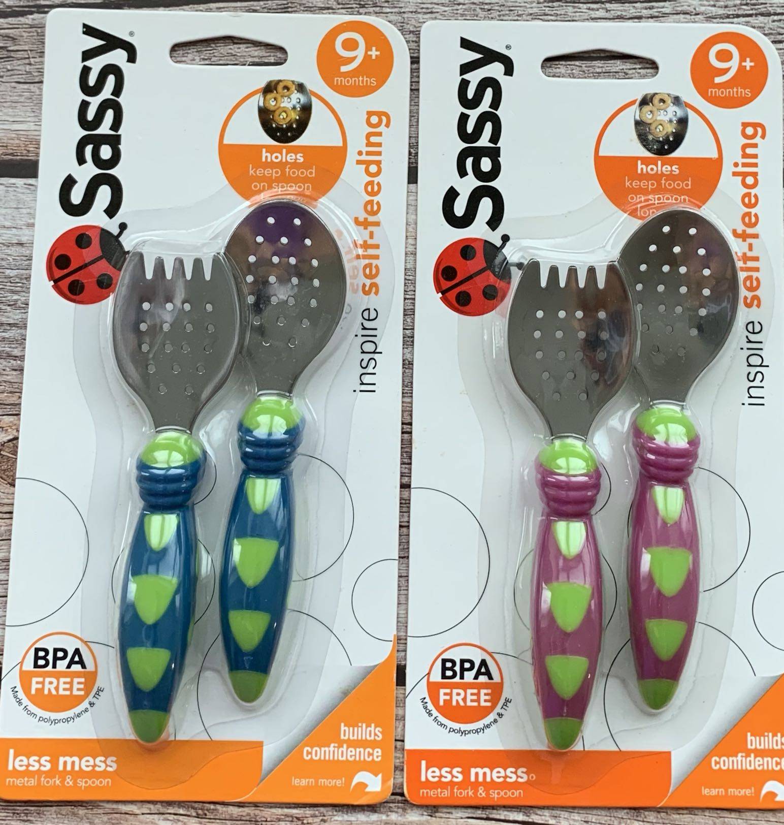 儿童不锈钢洞洞训练叉勺套装sassy less mess metal fork& spoon_虎窝淘