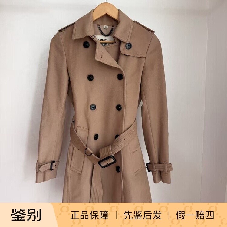 98新 Burberry 驼色 羊毛 大衣 uk4码长袖腰带风衣双排扣中长款