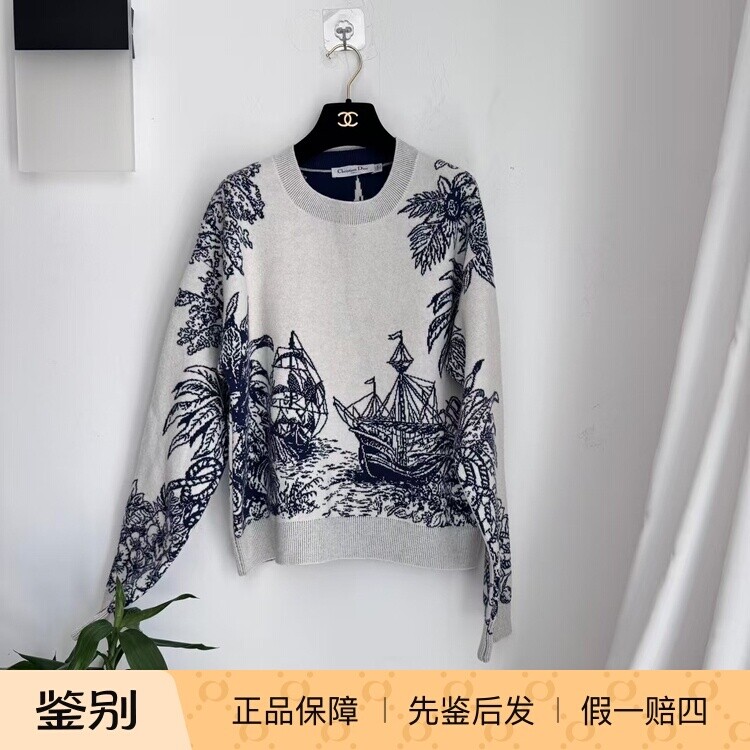 Dior 迪奥 白色帆船羊毛圆领针织衫 23年早春款长袖刺绣花卉图案