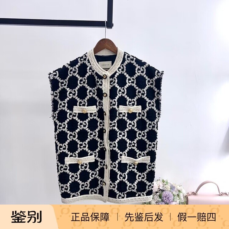 99新Gucci 羊毛呢 马甲背心38码 复古风精致百搭无袖开衫马夹针织