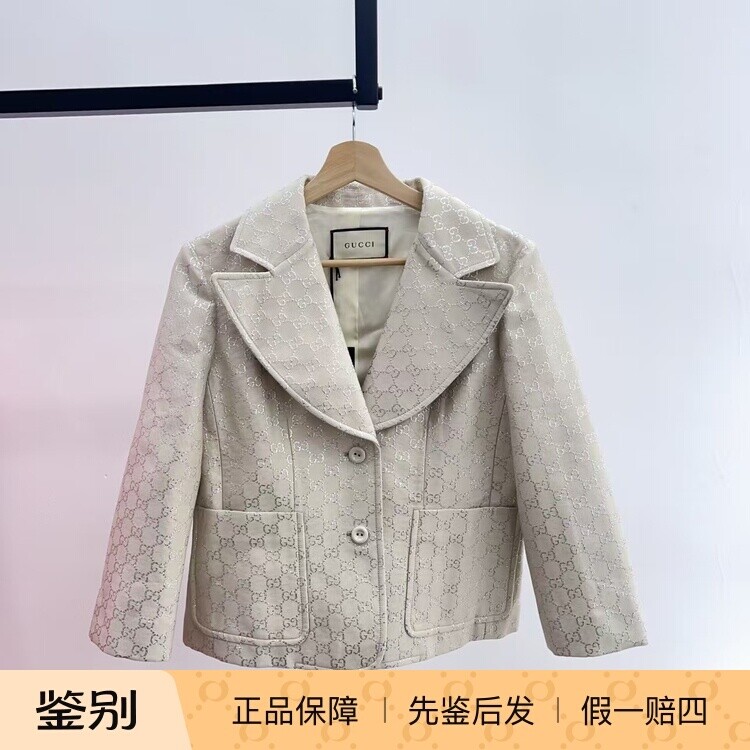 Gucci 满Logo 银丝 西服外套42码长袖休闲风简约短外套单排扣女装