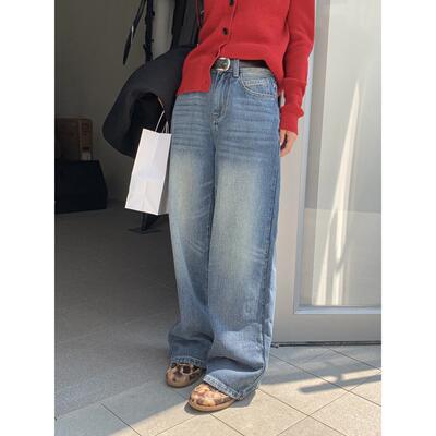 DRIZZLE 蓝色阔腿牛仔裤女秋冬新款松弛感裤子韩系宽松直筒长裤
