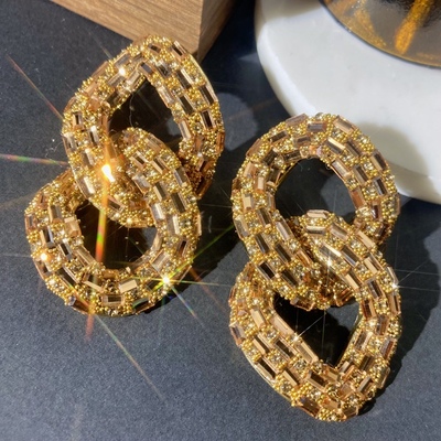 欧美夸张链条锁链大耳环 锆石舞台超闪轻奢高级感耳钉耳坠小众女