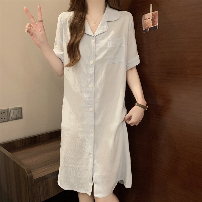 2026年新款睡衣女夏季云朵棉短袖衬衫裙男友风性感纯欲睡裙家居服
