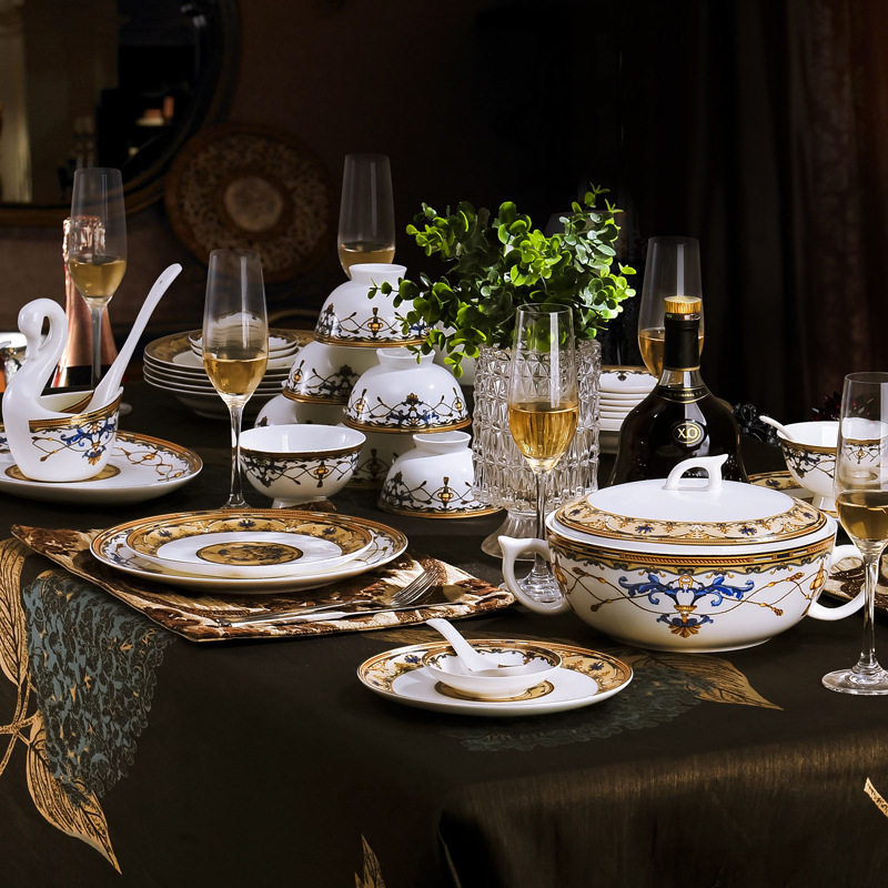 景德镇陶瓷餐具60头欧式碗碟套装家用吃饭碗盘ceramic tableware