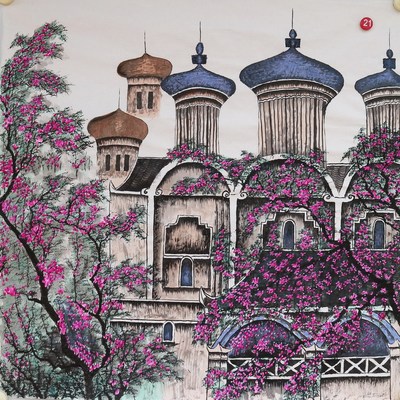 特价手绘无款国画家居水墨四尺斗方写生城堡欧式风格花鸟RL52121