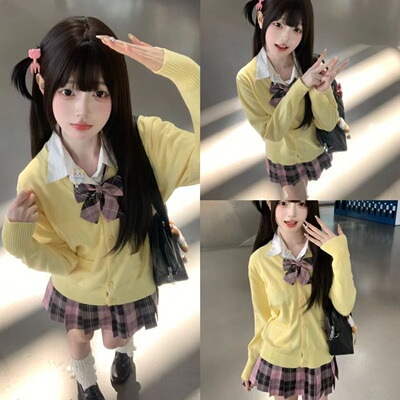 jk制服秋冬套装黄色针织开衫毛衣老头针织衫衬衫甜美格裙四件套女