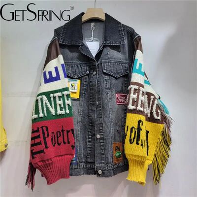 GetSpring Women Denim Jacket 2024 Autumn Fashion Letter Slee