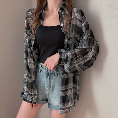 Sheer Chiffon Plaid Shirt for Women Ovesized Collared Button