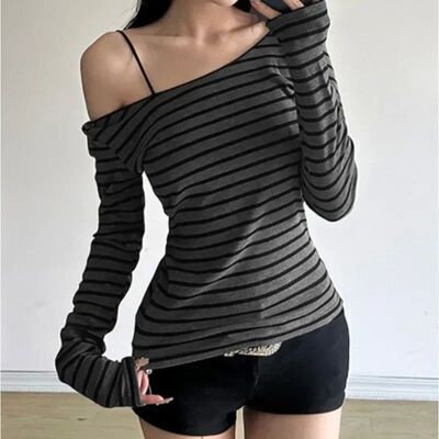 Harajuku Basic Slim Long Sleeve Stripe Tee Off Shoulder O Ne