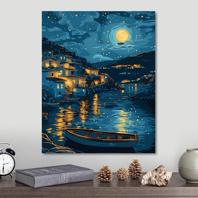 夜色美景数字油画diy填充油画治愈系装饰涂色填色丙烯油彩画挂画