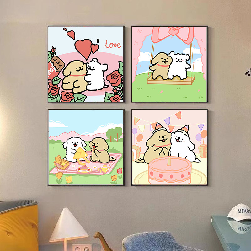 线条小狗数字油画手工diy填充画丙烯油彩画画手绘涂色装饰填色画