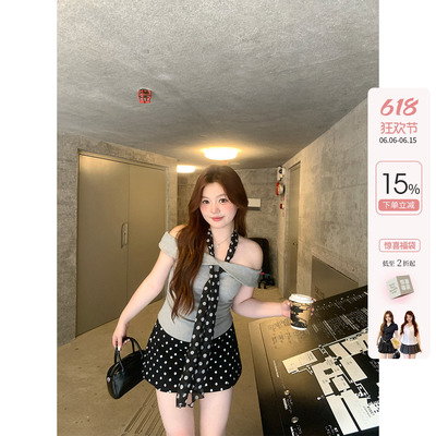 你的鱼 黑糖啵啵 韩系微胖mm设计感夏日波点一字肩短上衣半裙套装